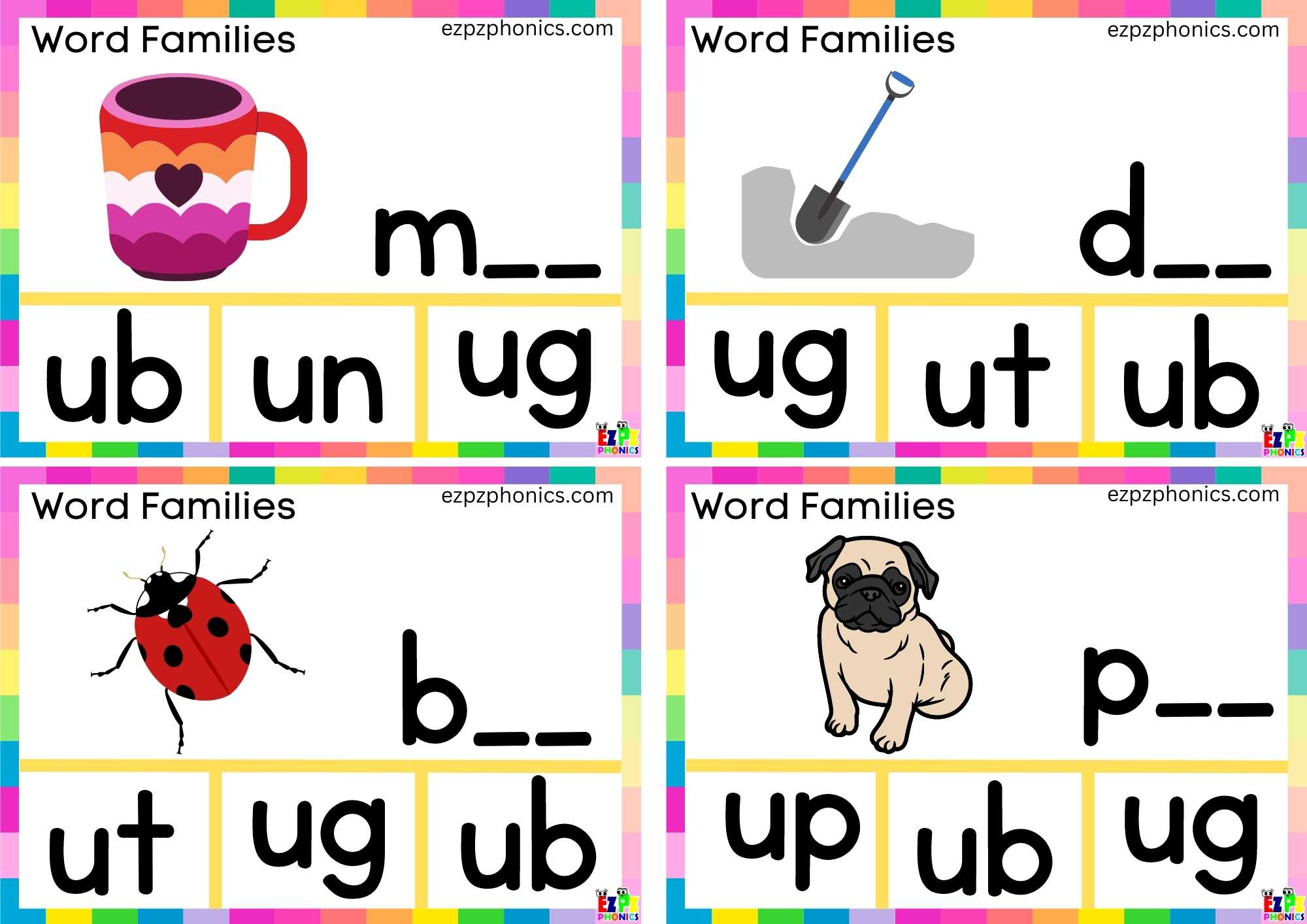 Finish the word and clip the correct letters Clip cards for word family ug group 2 - ezpzphonics.com